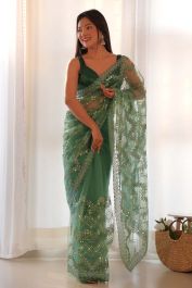 Butterfly Net Sequence Work Festive Green Color Saree