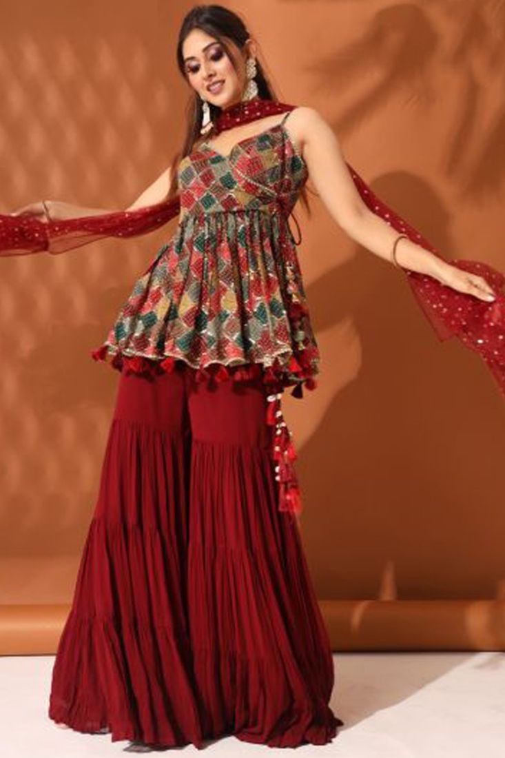 Diwali Festival Wear Red Sharara With Bandhani Printed Top