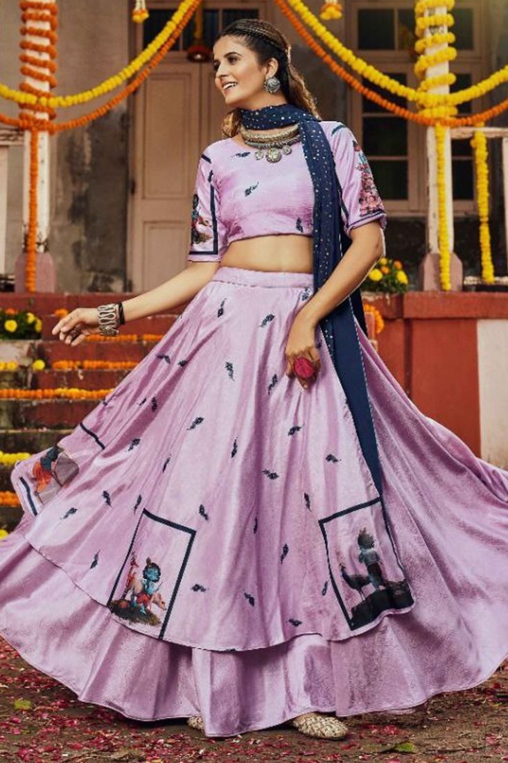 Dusty Pink Cartoon Printed Silk Lehenga Choli For Navratri Festival