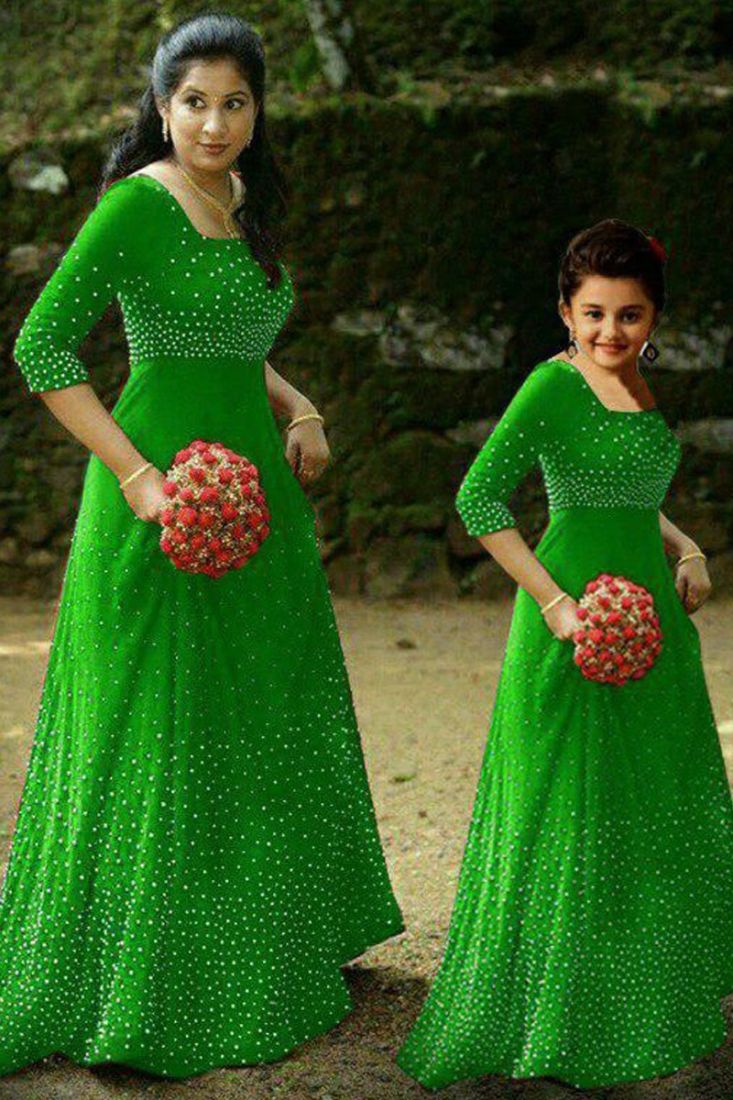Mother Daughter Green Moti Work Gown Combo