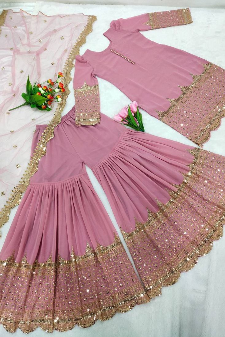 Pink Faux Georgette Sequence Work Sharara Dress