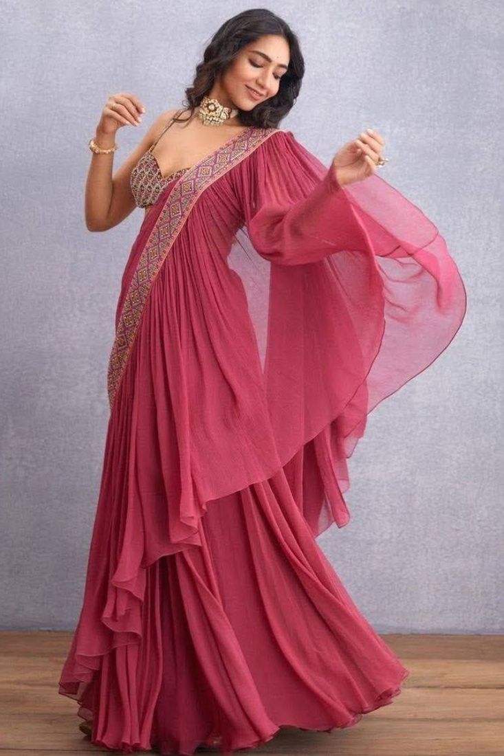 Pink Plain Readymade Ruffle Saree