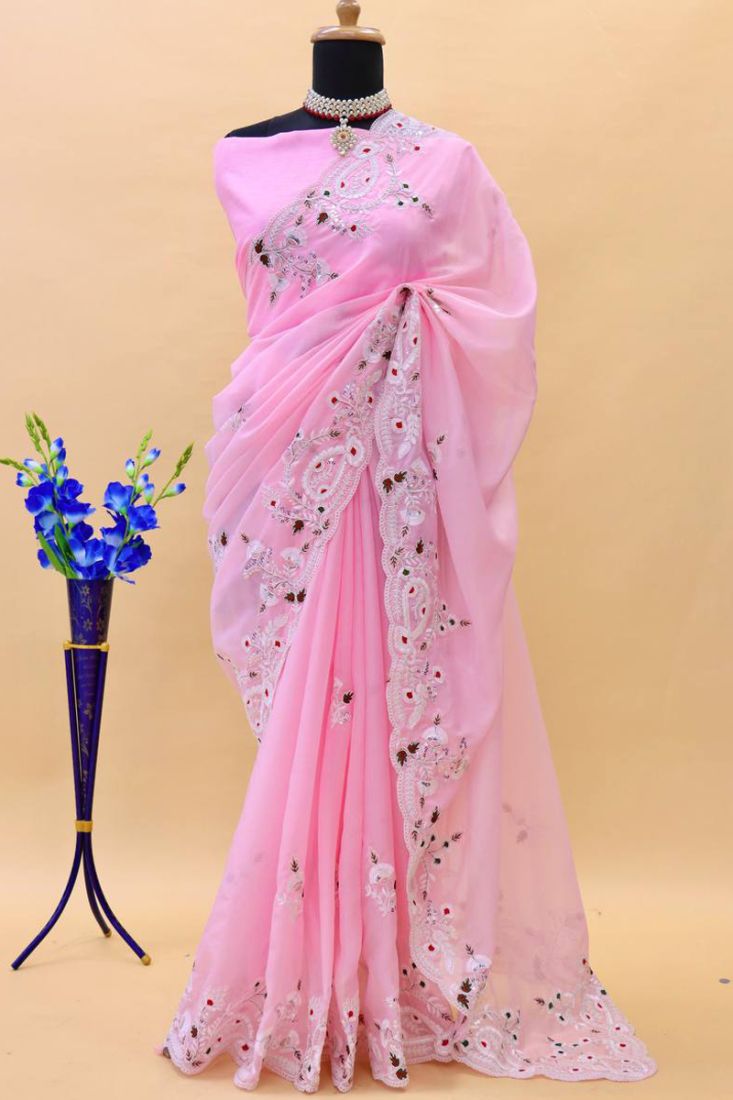 Pink Thread Work Organza Silk Saree