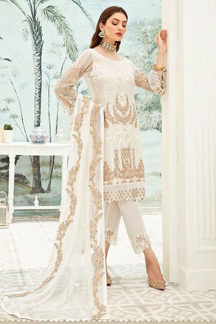 White Stone Embroidery Work Pakistani Style Salwar Suit